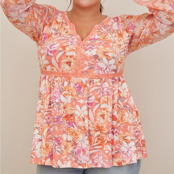 torrid | Tops | Torrid Top 5x Babydoll Coral Floral Sheer Long Sleeves ...